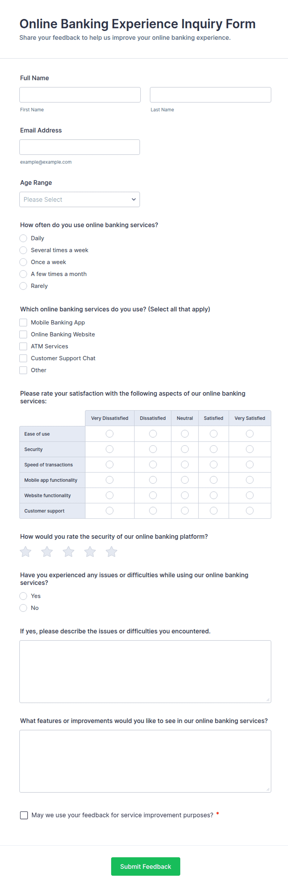 Online Banking Experience Inquiry Form Template | Jotform