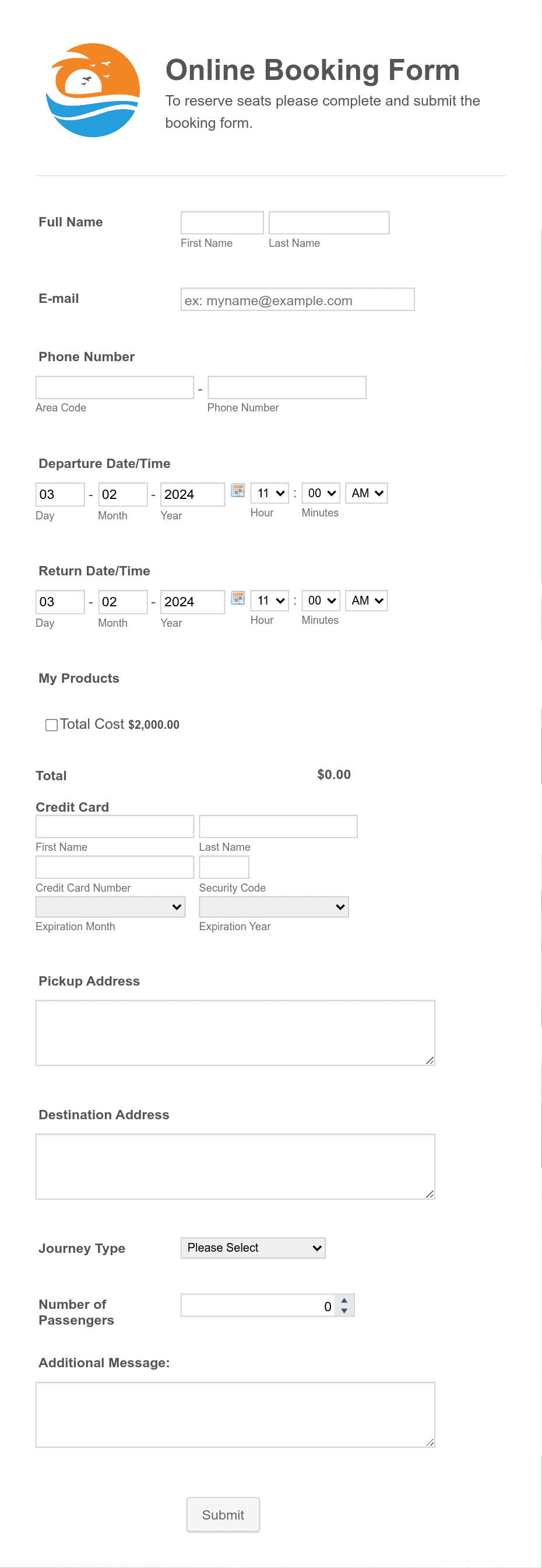 Online Booking Form with Moneris Form Template | Jotform