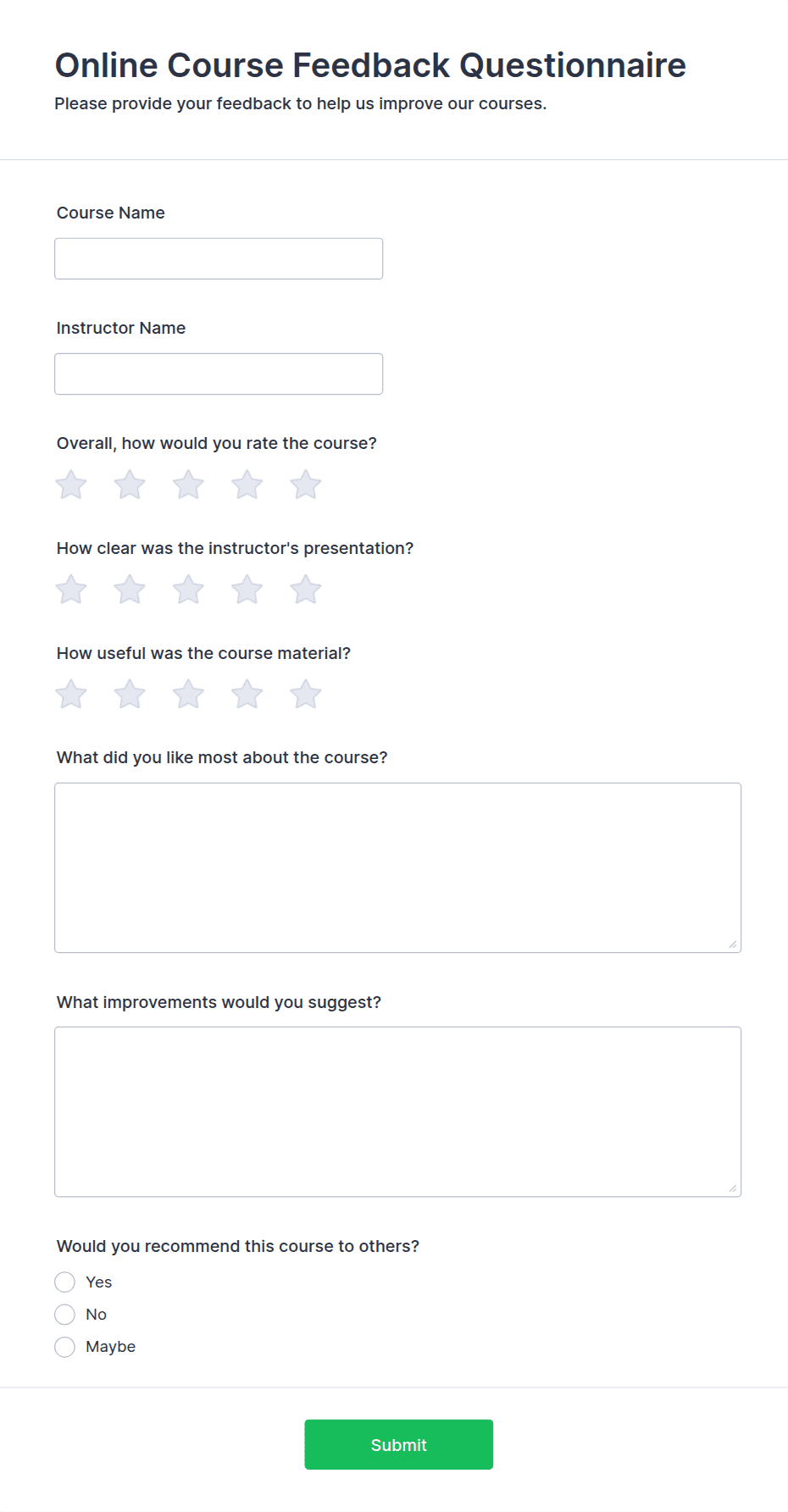 Online Course Feedback Questionnaire Form Template | Jotform