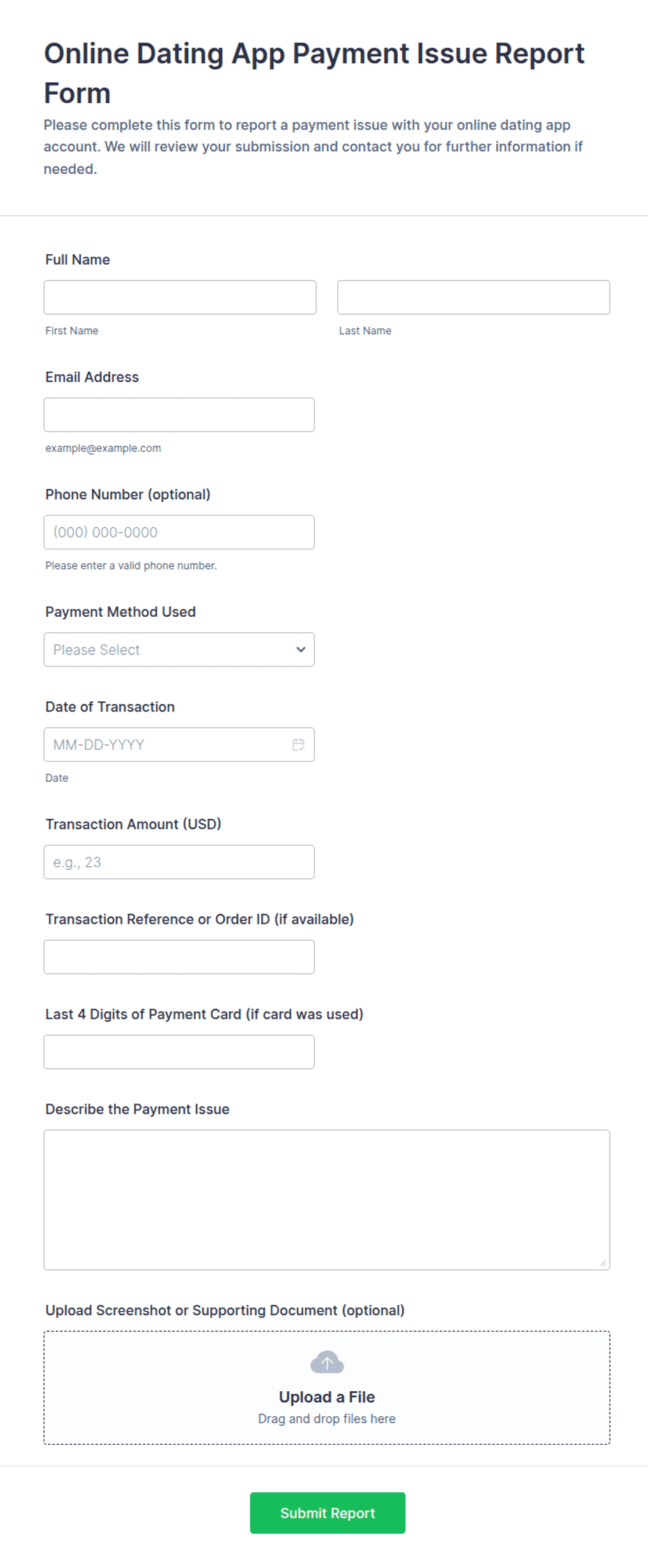 Online Dating App Payment Issue Report Form Template | Jotform