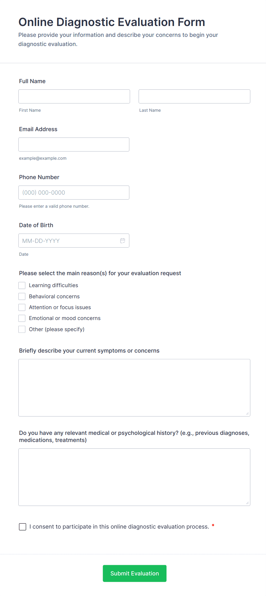 Online Diagnostic Evaluation Form Template | Jotform