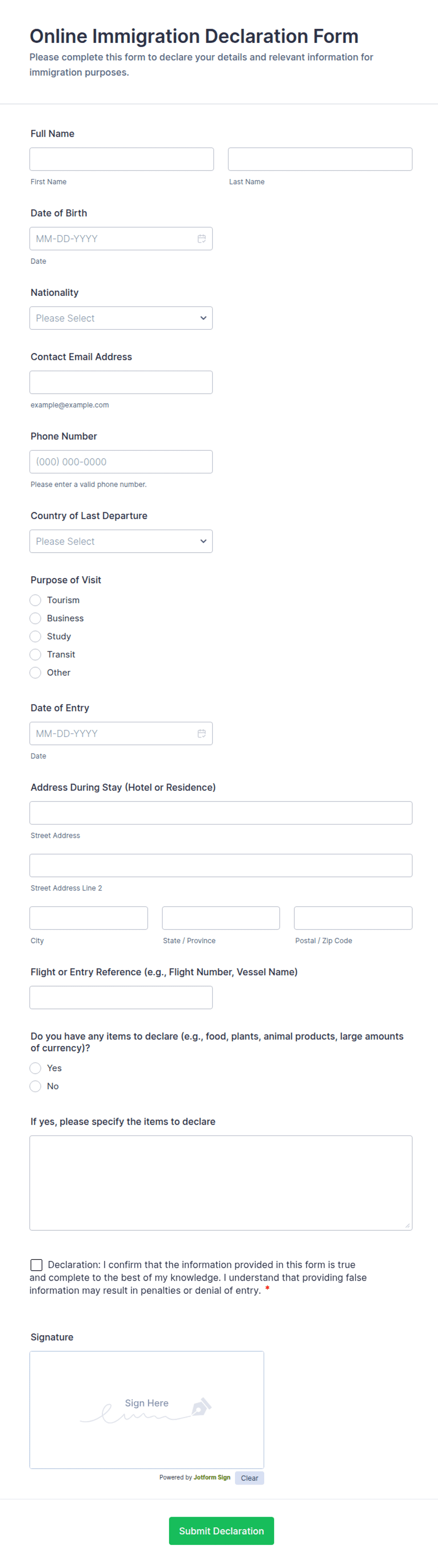 Online Immigration Declaration Form Template | Jotform