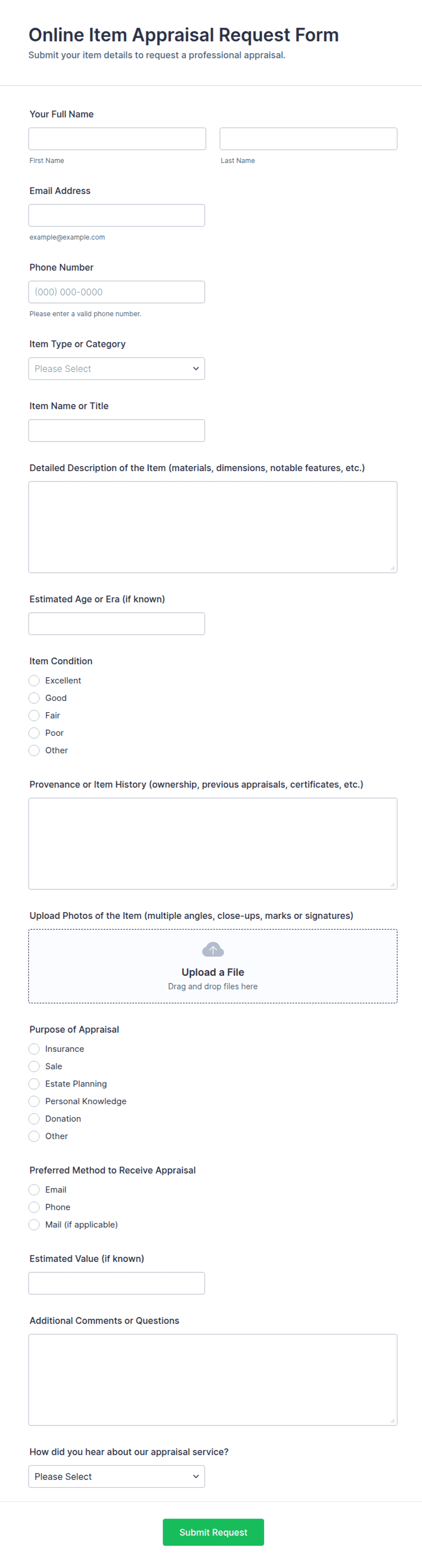 Online Item Appraisal Request Form Template | Jotform