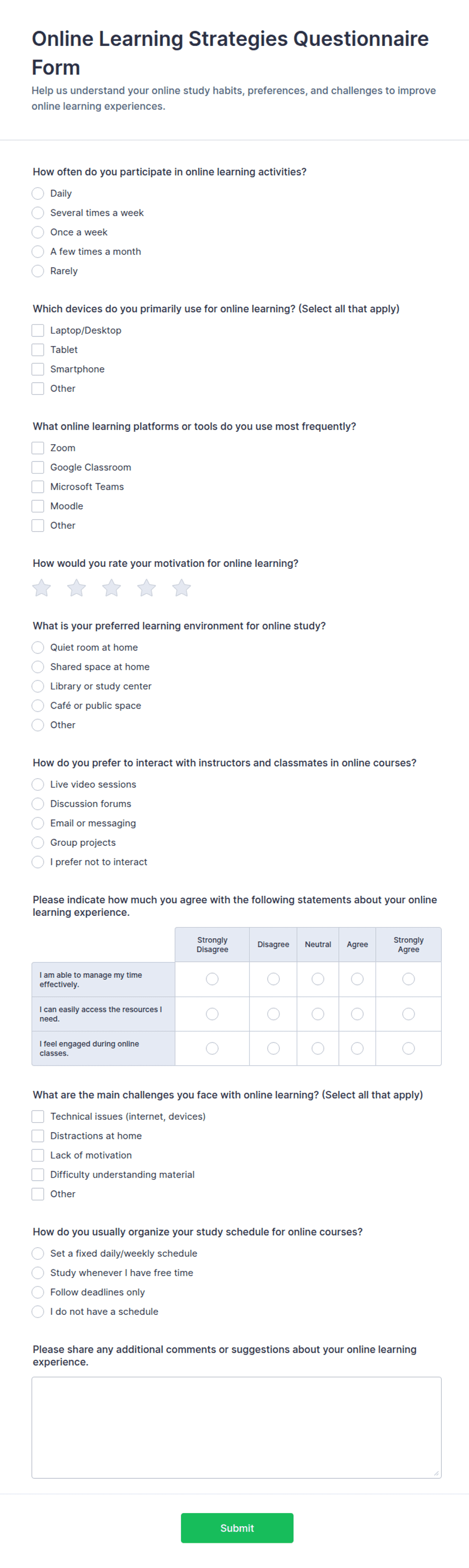 Online Learning Strategies Questionnaire Form Template | Jotform