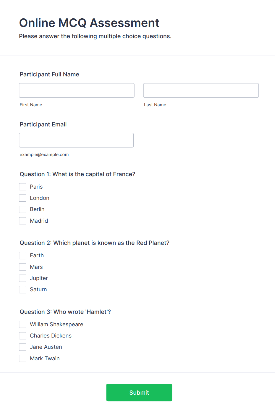 Online MCQ Assessment Form Template | Jotform