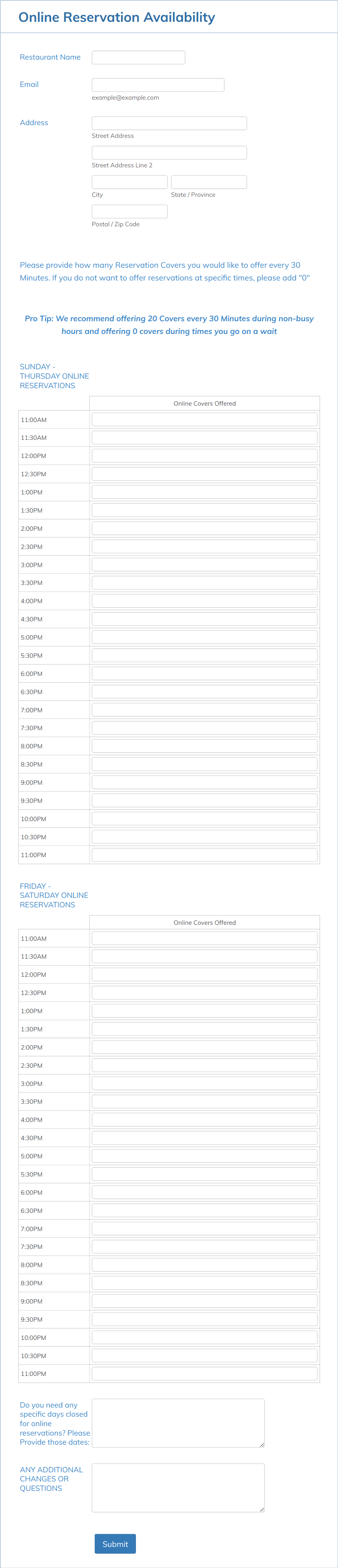 Online Restaurant Reservation Form Template | Jotform