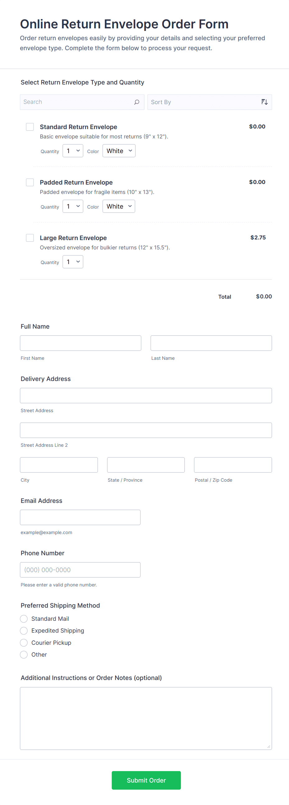 Online Return Envelope Order Form Template | Jotform