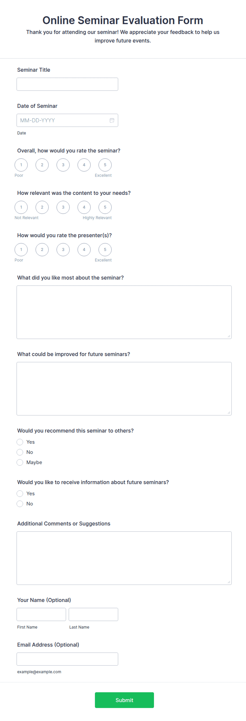 Online Seminar Evaluation Form Template | Jotform