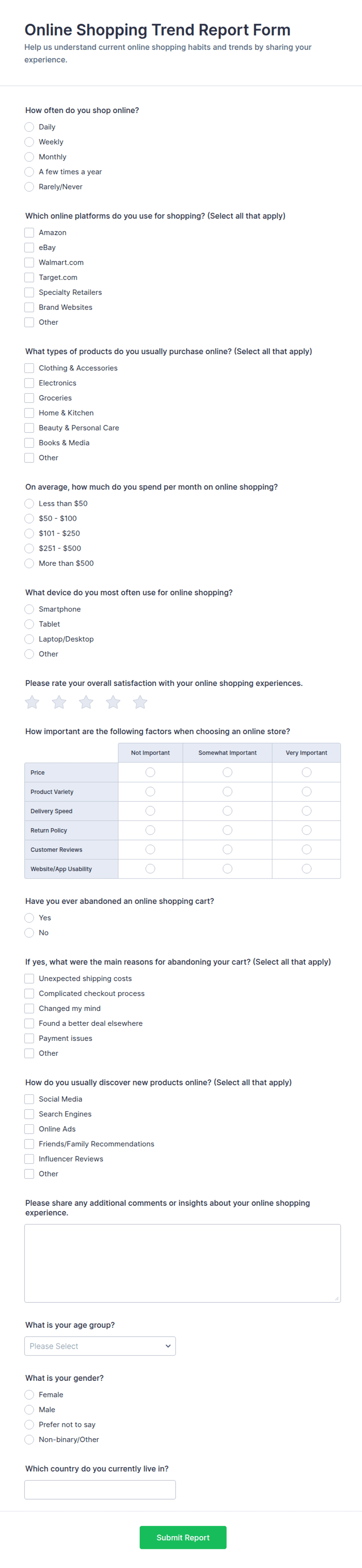 Online Shopping Trend Report Form Template | Jotform