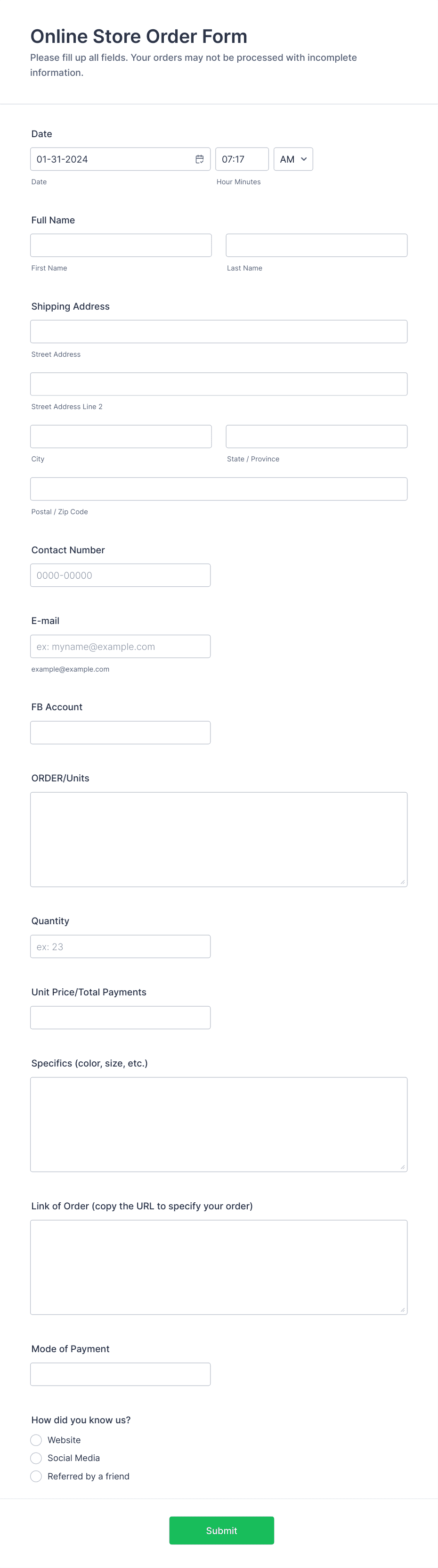 Online Store Order Form Template | Jotform
