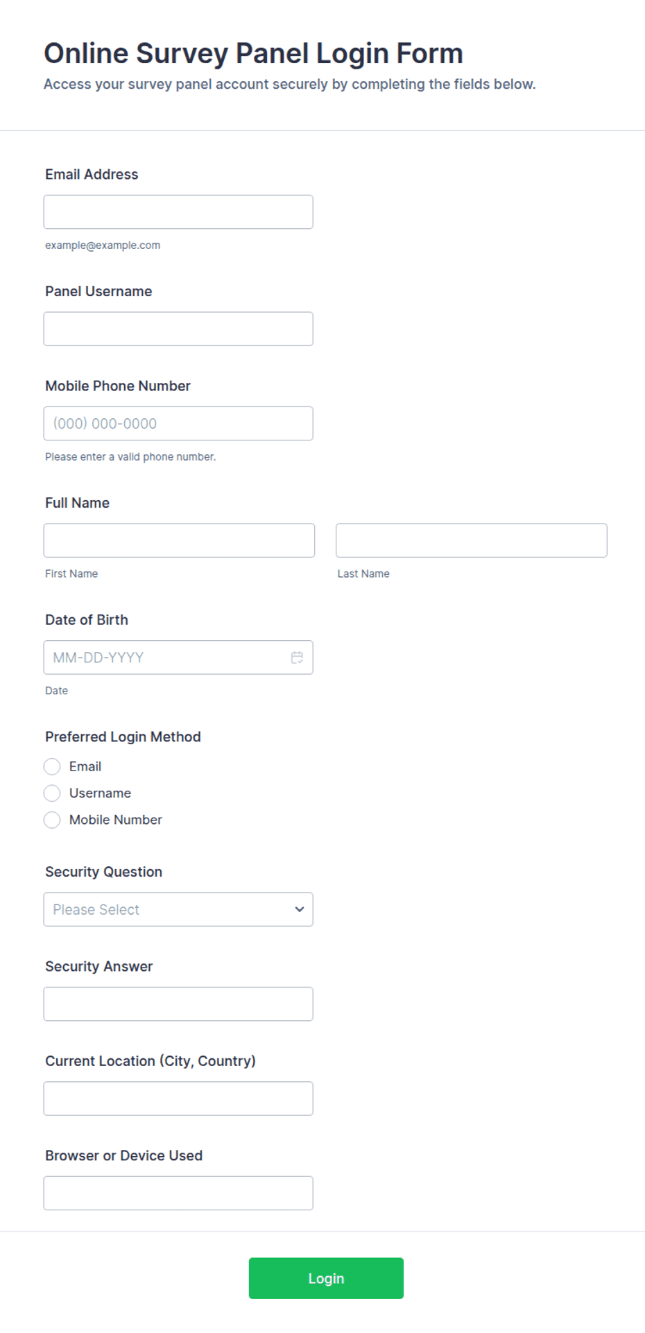 Online Survey Panel Login Form Template | Jotform