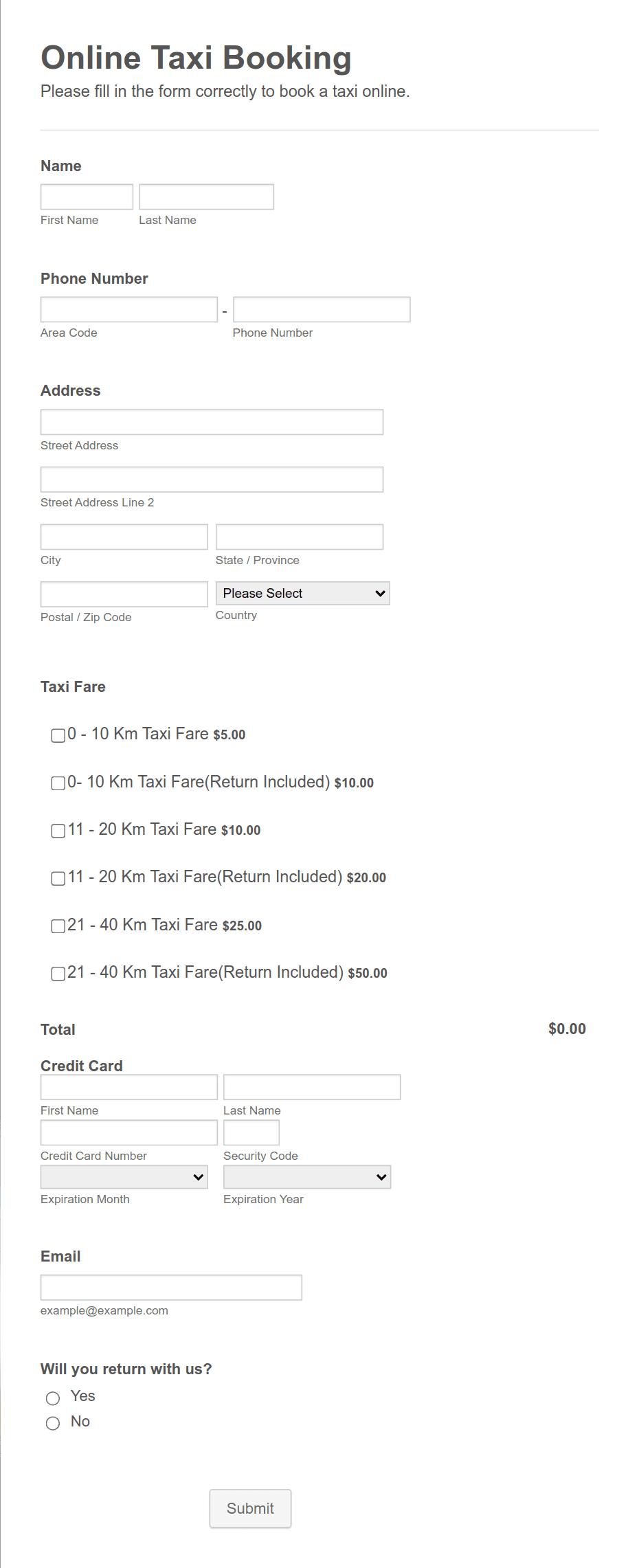 Online Taxi Booking Form Template | Jotform