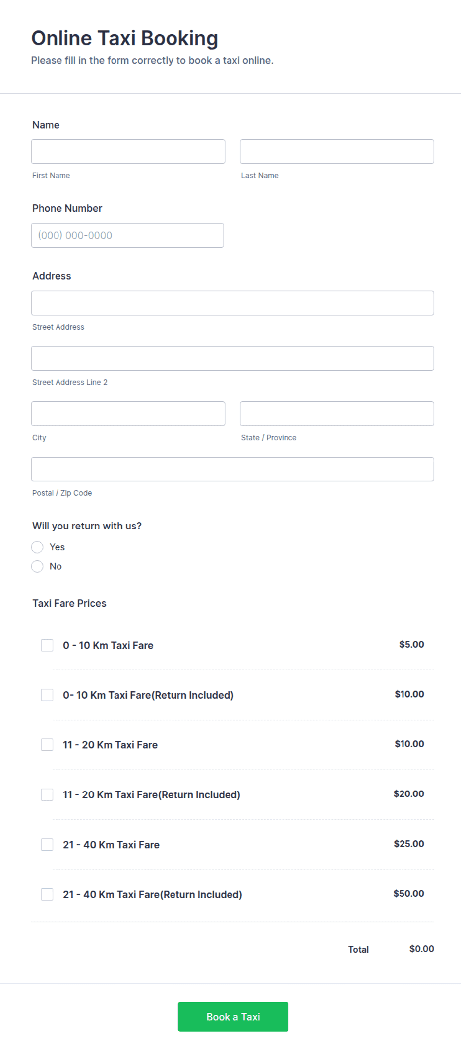 Online Taxi Booking Form Template | Jotform