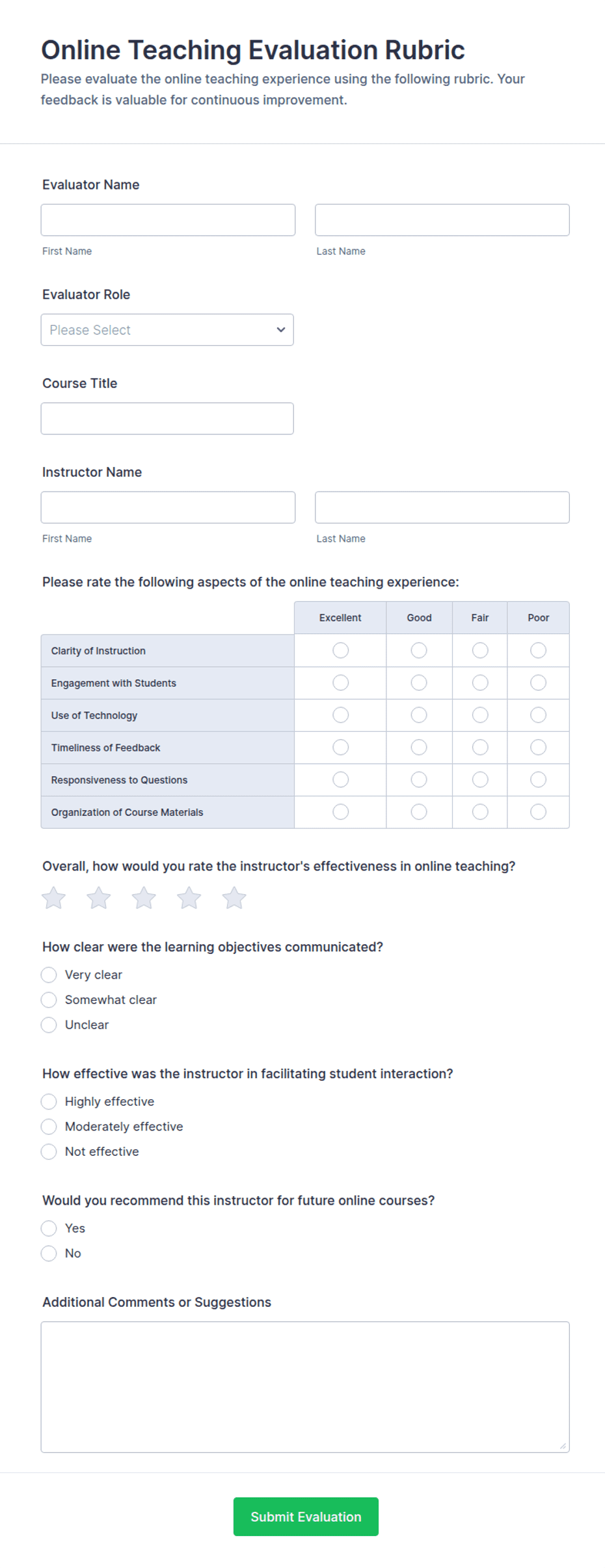 Online Teaching Evaluation Rubric Form Template | Jotform