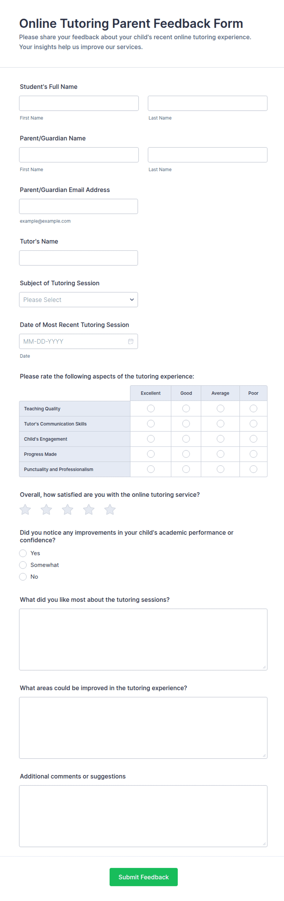 Online Tutoring Parent Feedback Form Template | Jotform