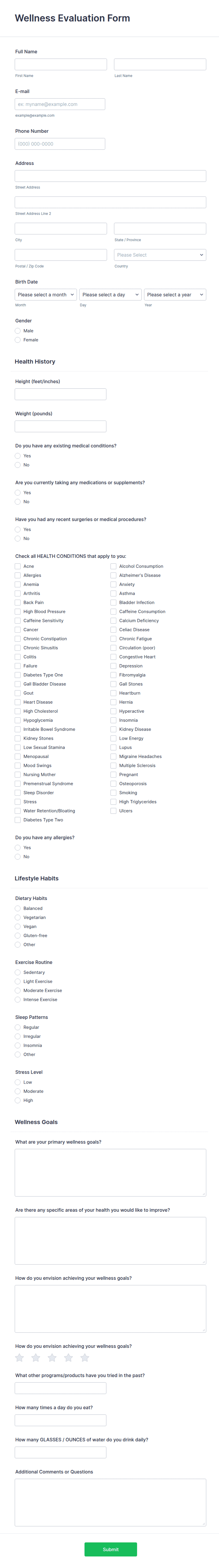Online Wellness Evaluation Form Template | Jotform