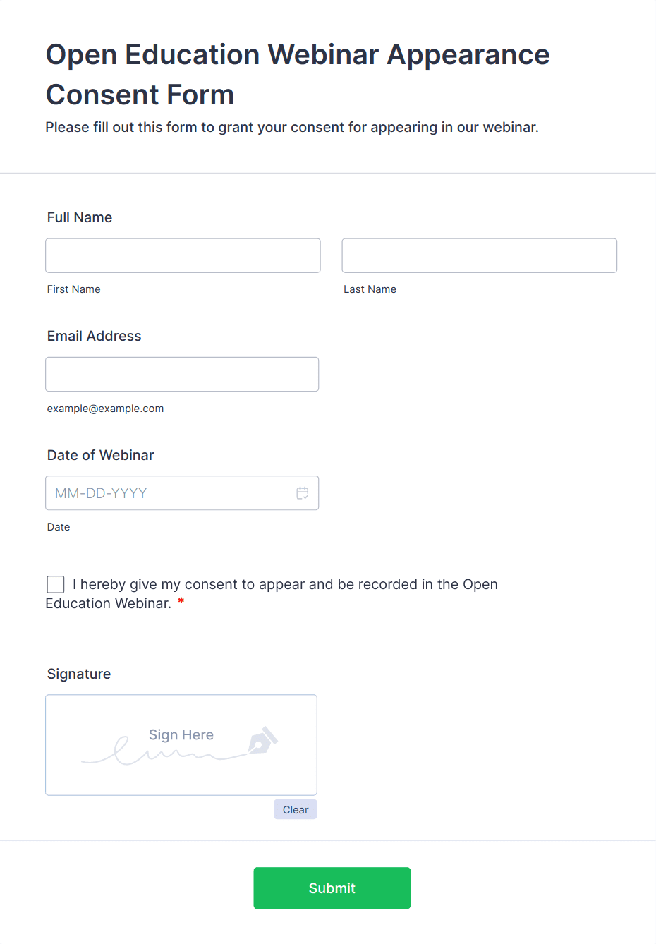 Open Education Webinar Appearance Consent Form Template | Jotform
