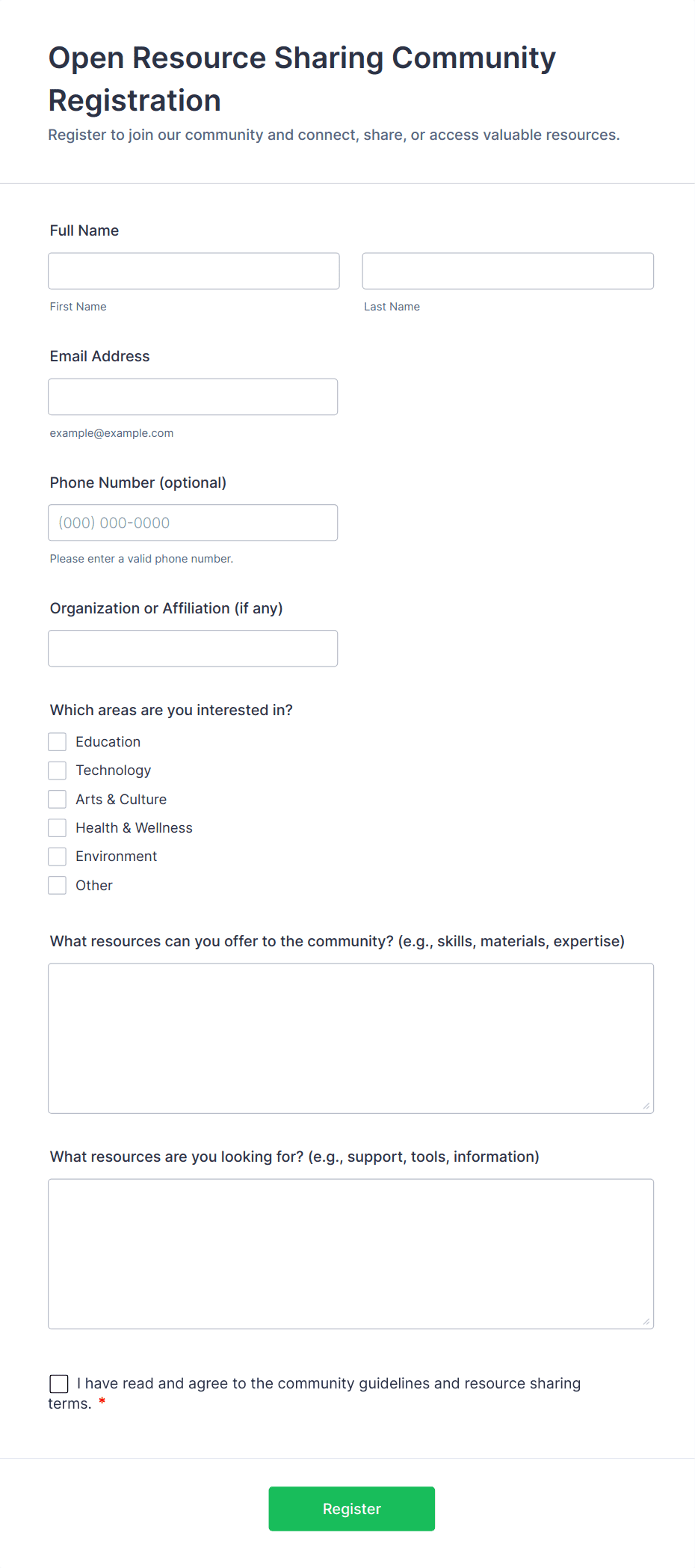 Open Resource Sharing Community Registration Form Template | Jotform