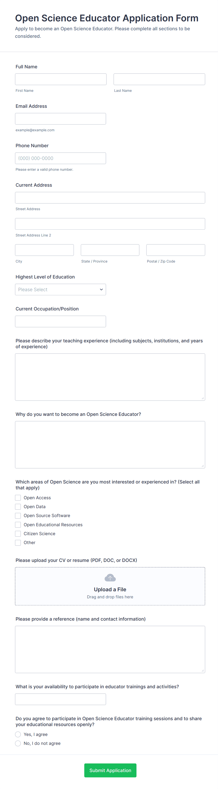 Open Science Educator Application Form Template | Jotform