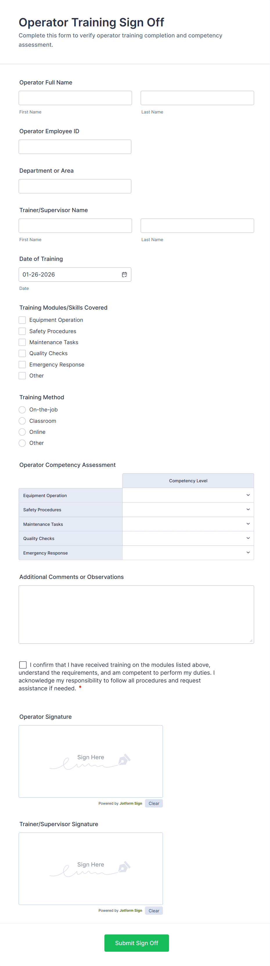 Operator Training Sign Off Form Template | Jotform