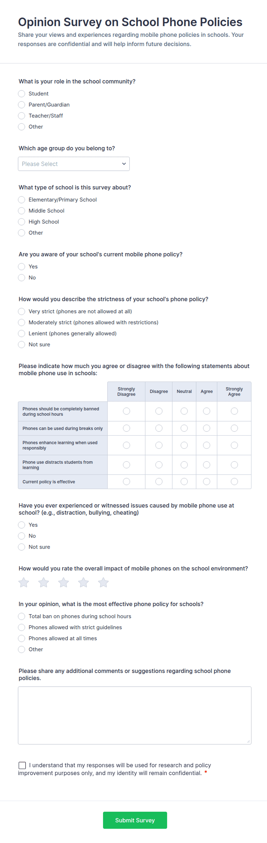 Opinion Survey on School Phone Policies Form Template | Jotform