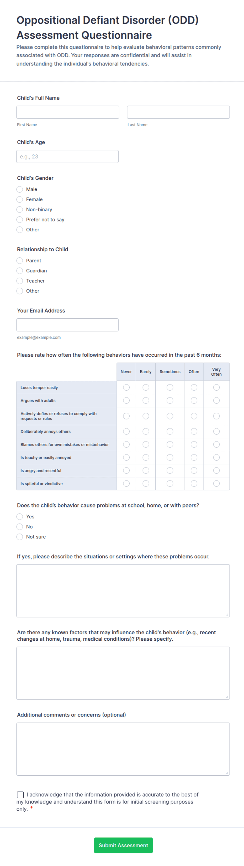 Oppositional Defiant Disorder (ODD) Assessment Questionnaire Form ...