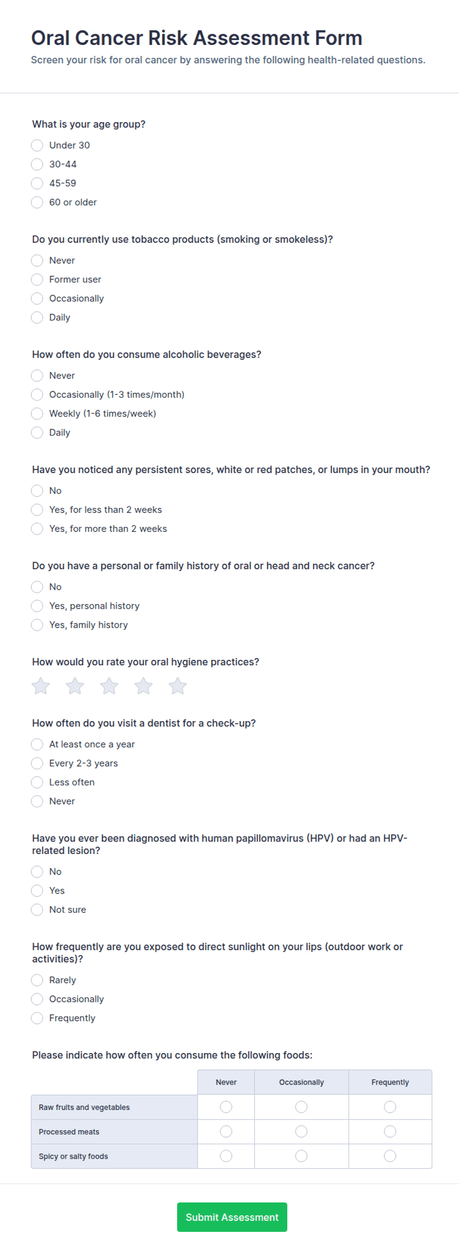Oral Cancer Risk Assessment Form Template | Jotform