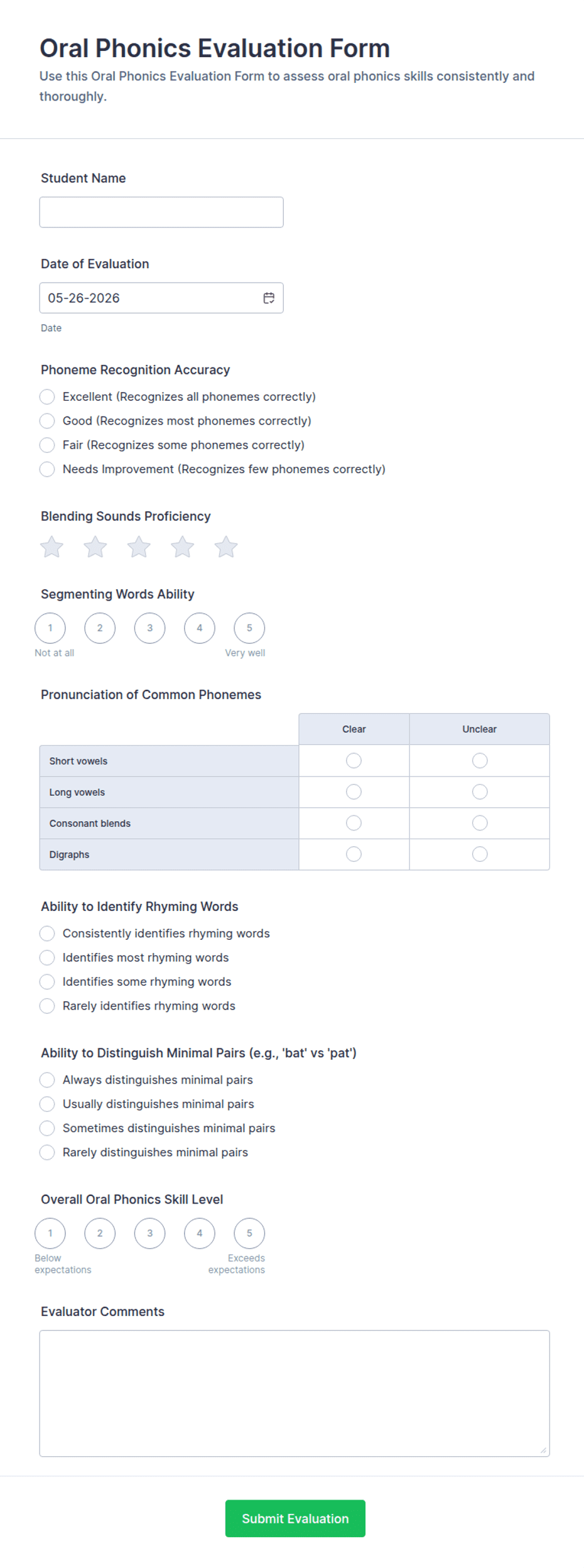 Oral Phonics Evaluation Form Template | Jotform