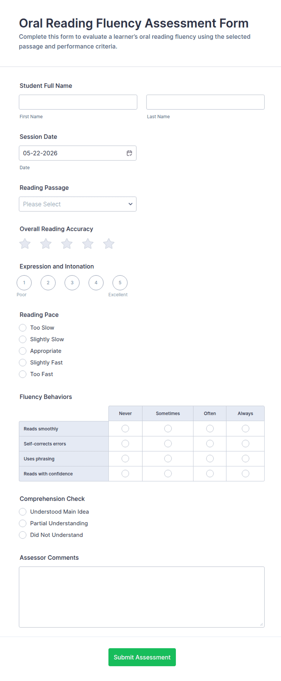 Oral Reading Fluency Assessment Form Template | Jotform