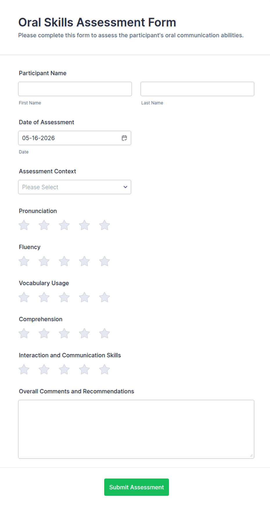 Oral Skills Assessment Form Template | Jotform
