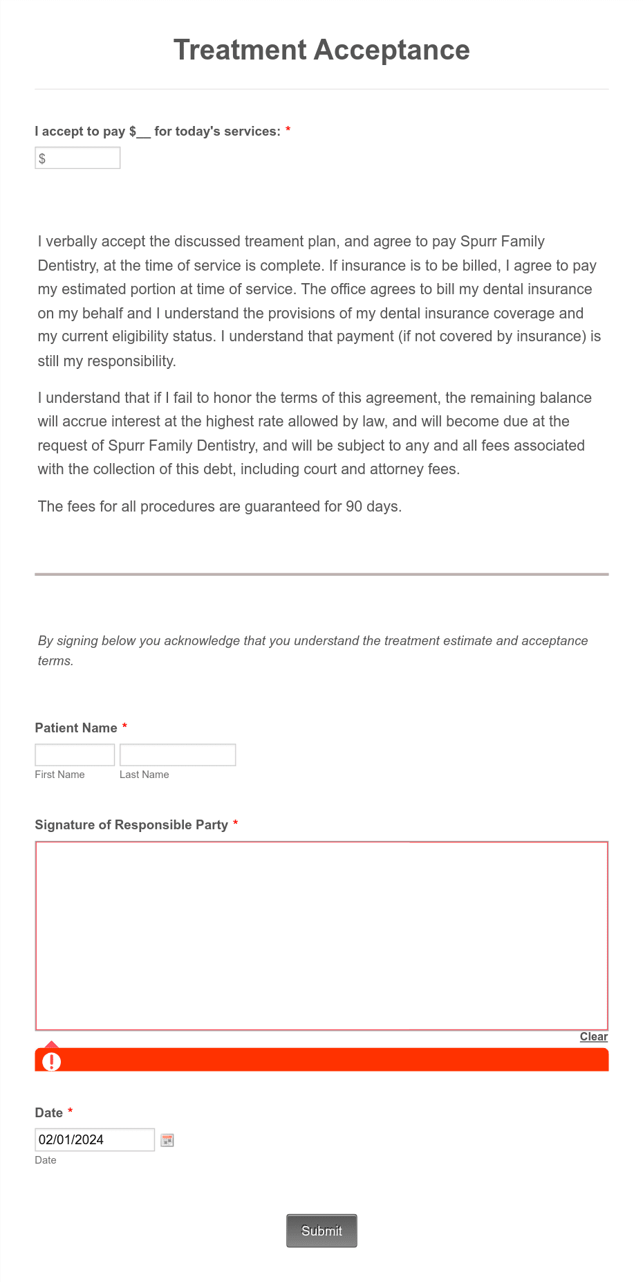 Oral Treatment Acceptance Form Template | Jotform