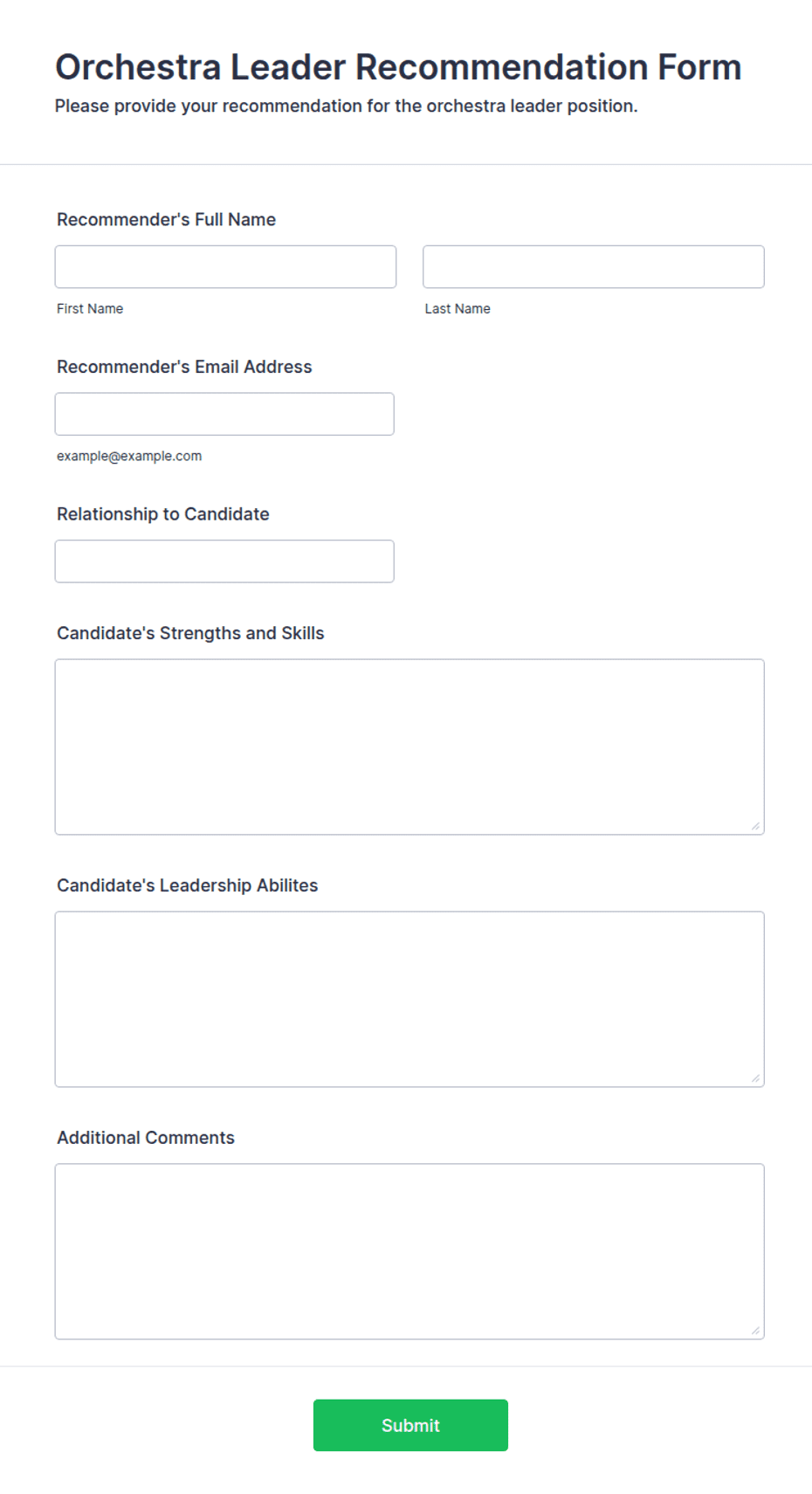 Orchestra Leader Recommendation Form Template | Jotform
