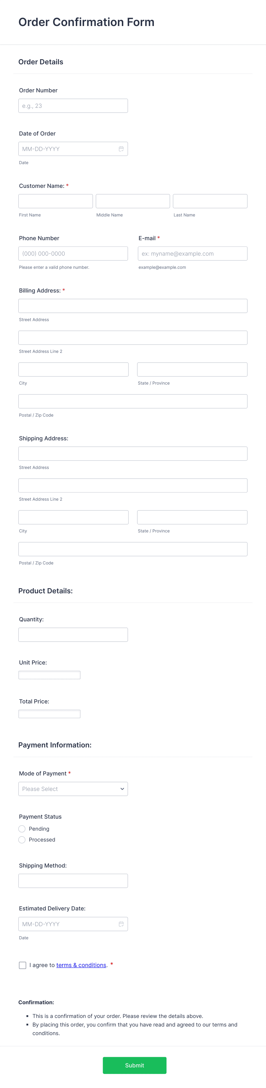 Order Confirmation Form Template | Jotform
