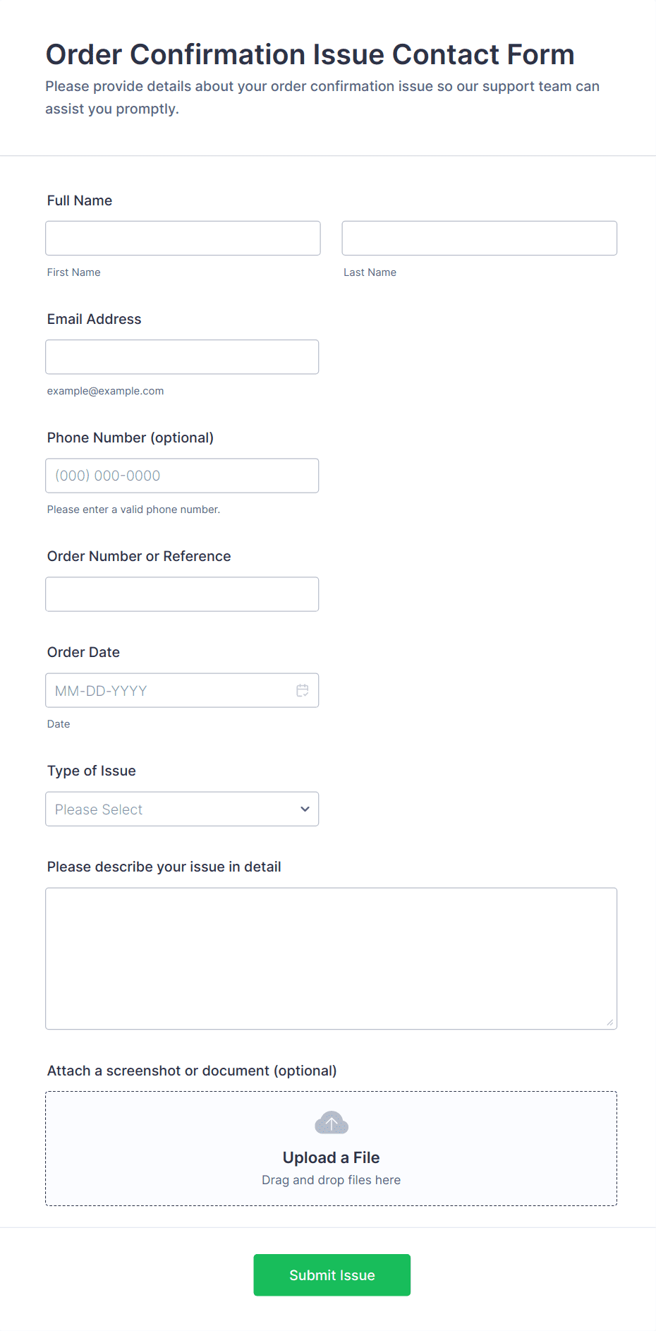 Order Confirmation Issue Contact Form Template | Jotform