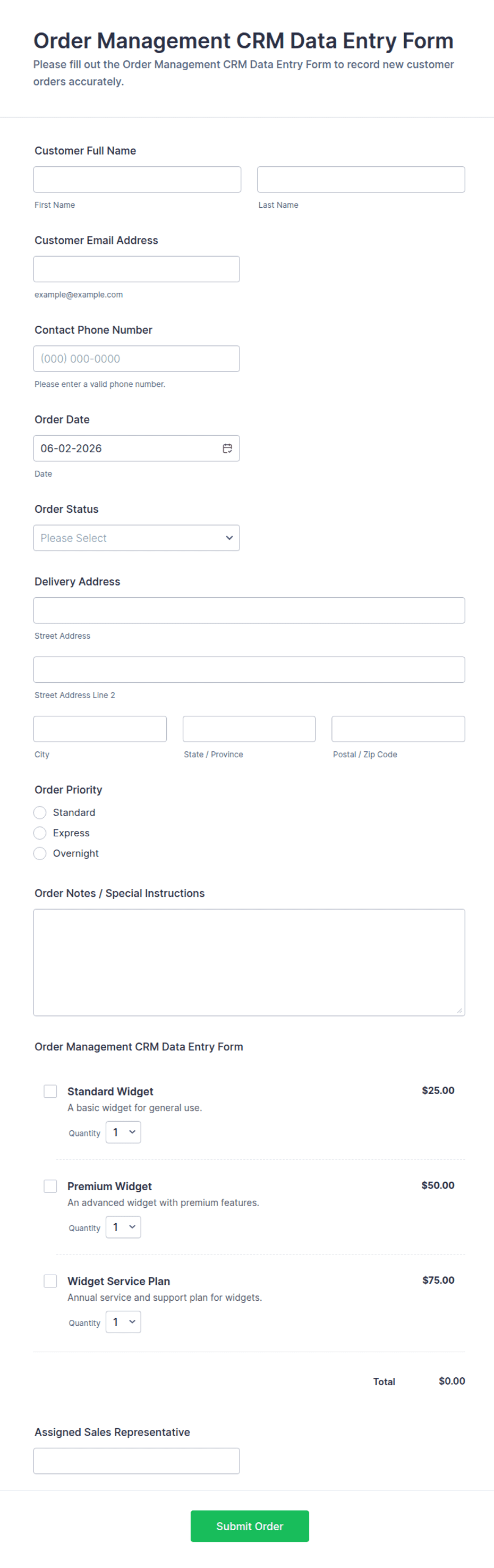 Order Management CRM Data Entry Form Template | Jotform