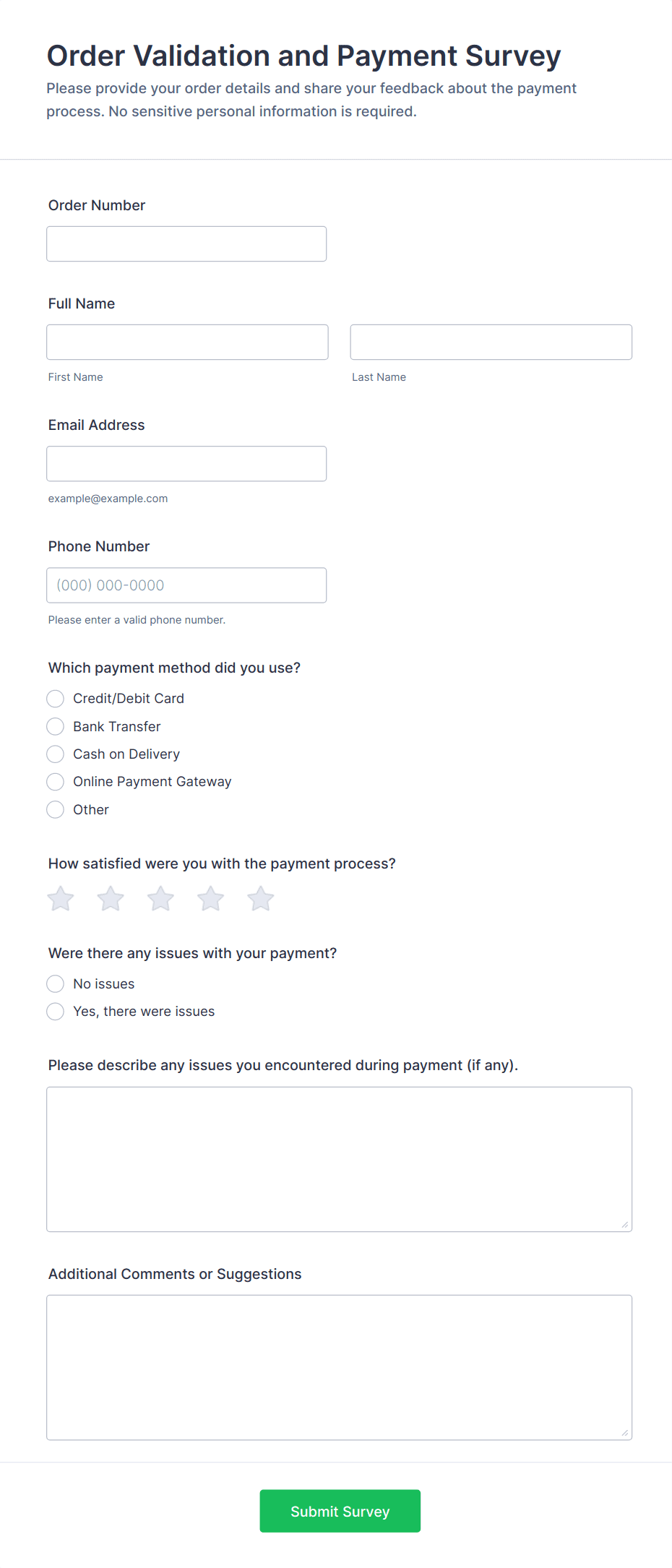 Order Validation and Payment Survey Form Template | Jotform