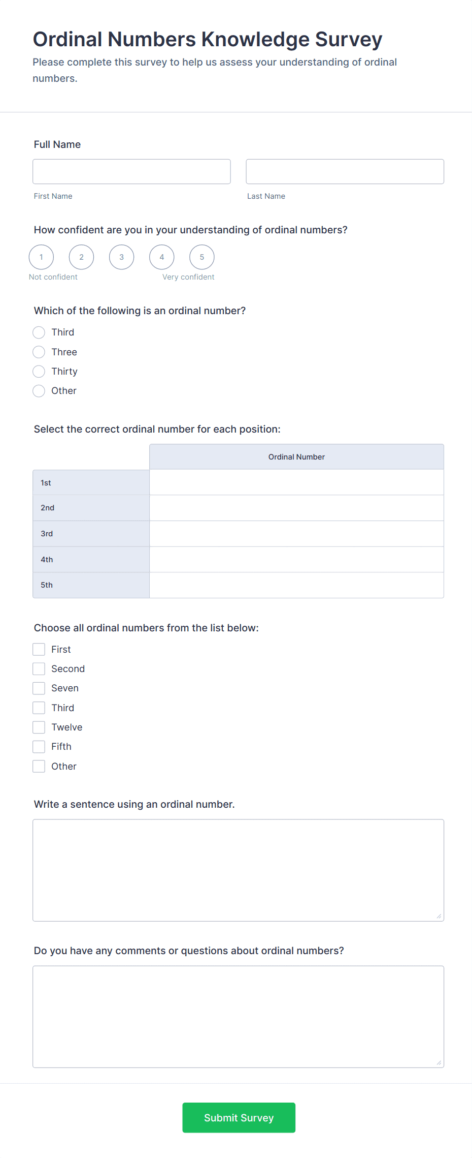 Ordinal Numbers Knowledge Survey Form Template | Jotform