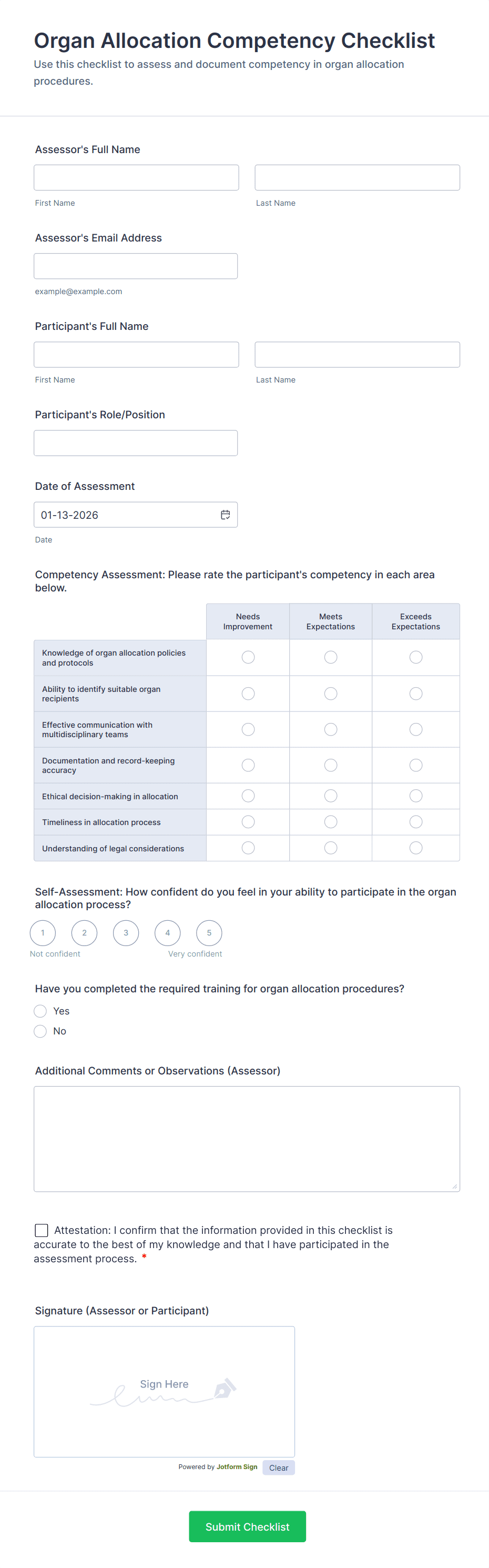 Organ Allocation Competency Checklist Form Template | Jotform