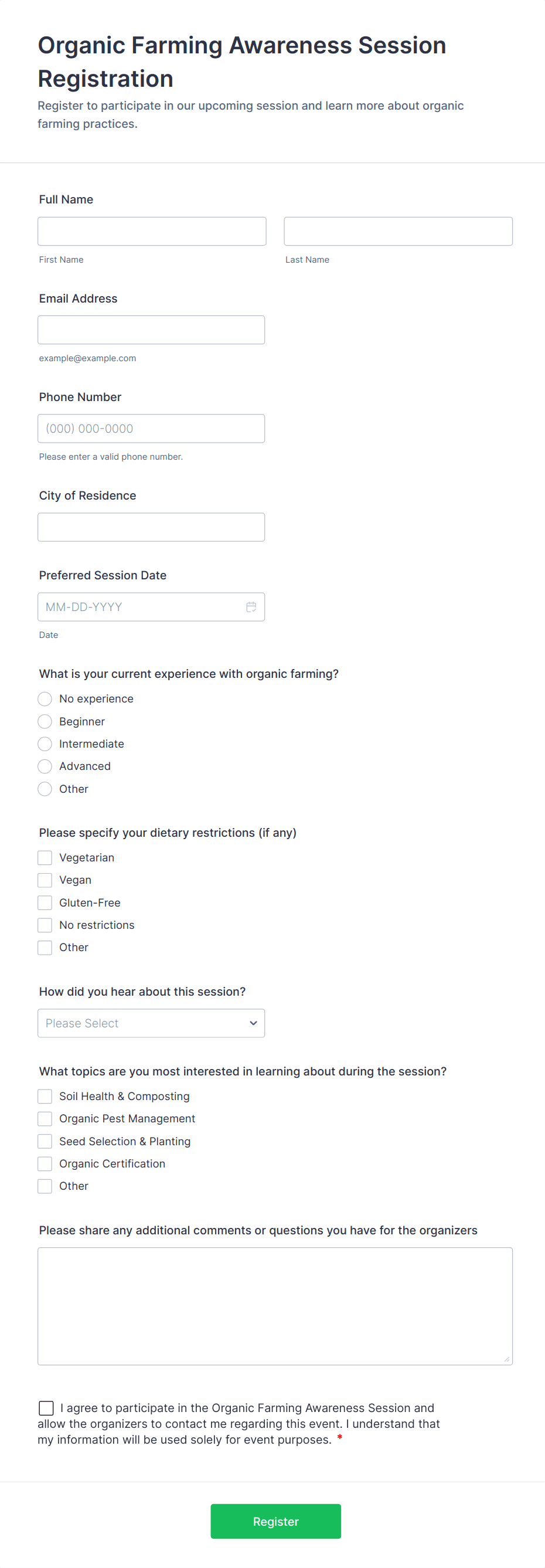 Organic Farming Awareness Session Registration Form Template | Jotform
