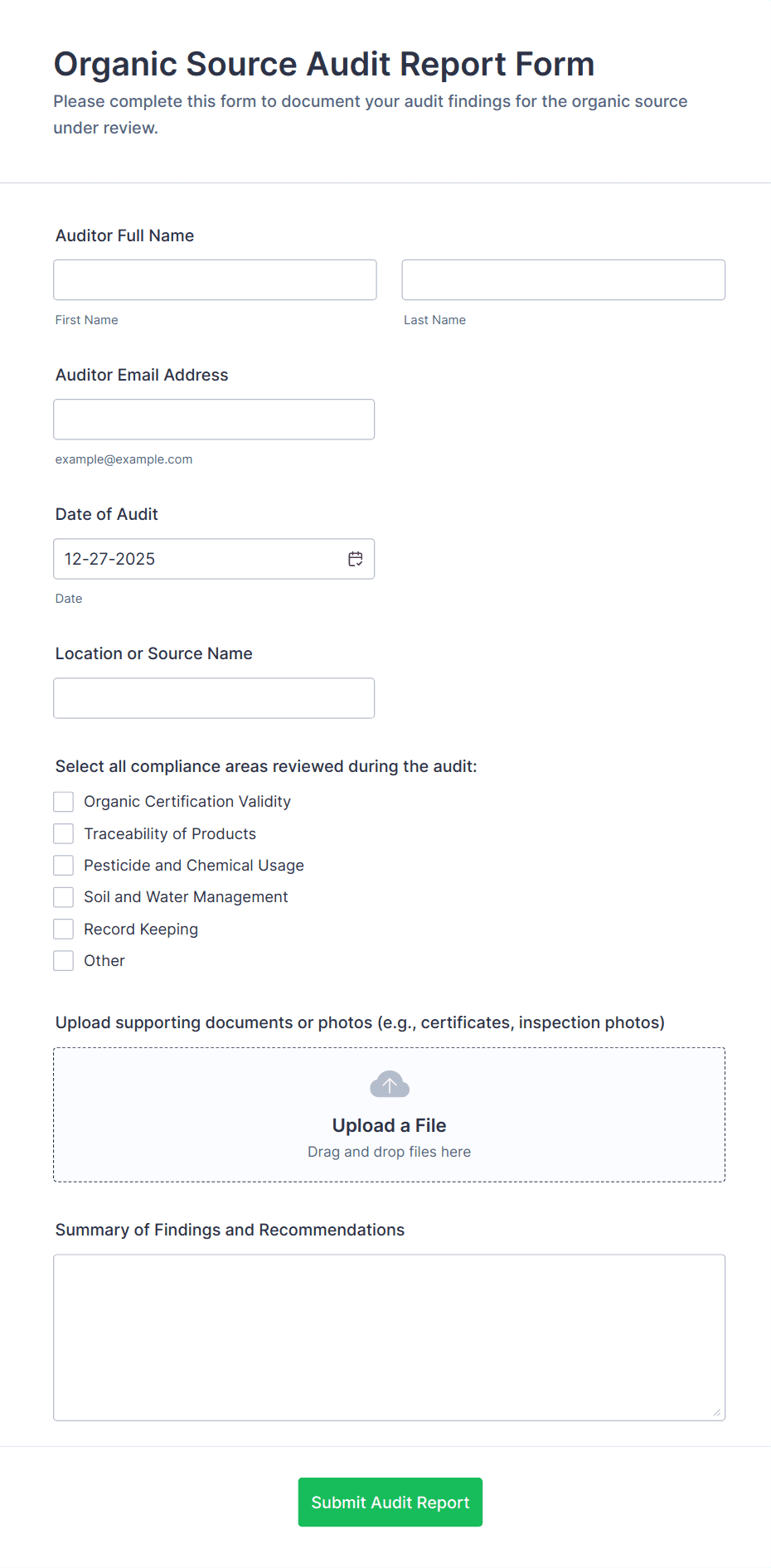 Organic Source Audit Report Form Template | Jotform