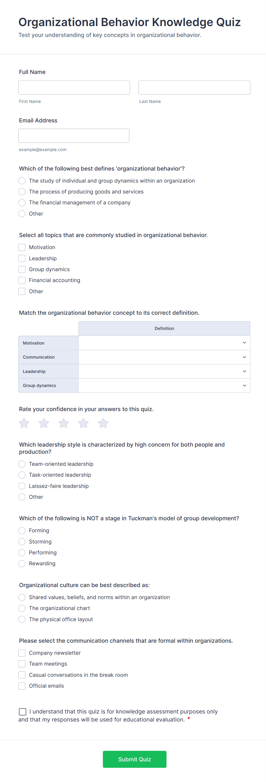 Organizational Behavior Knowledge Quiz Form Template | Jotform