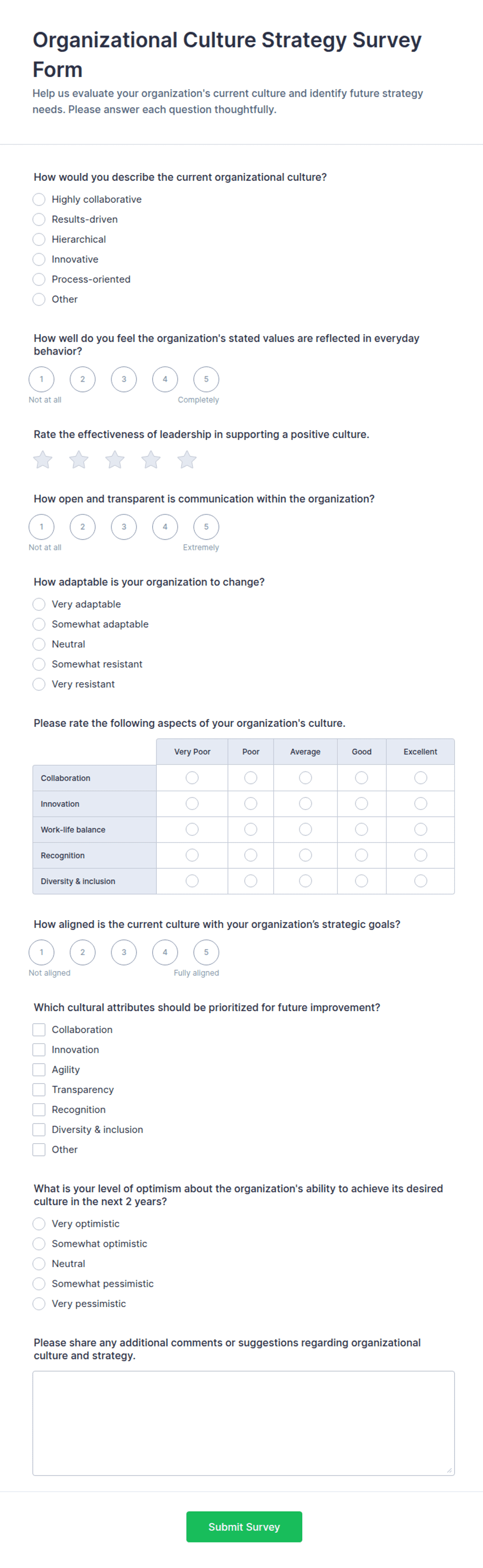 Organizational Culture Strategy Survey Form Template | Jotform