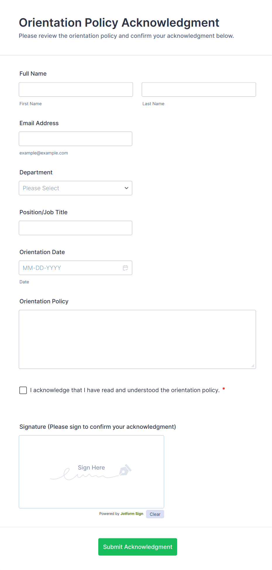 Orientation Policy Acknowledgment Form Template | Jotform