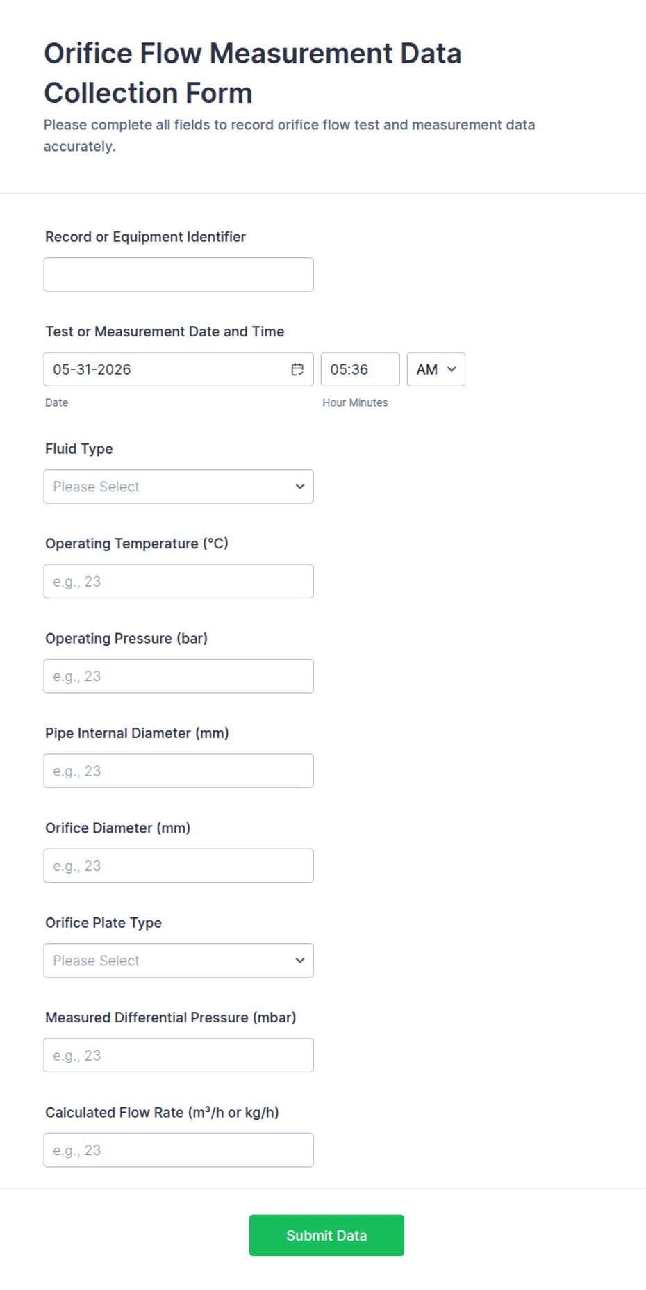 Orifice Flow Measurement Data Collection Form Template | Jotform