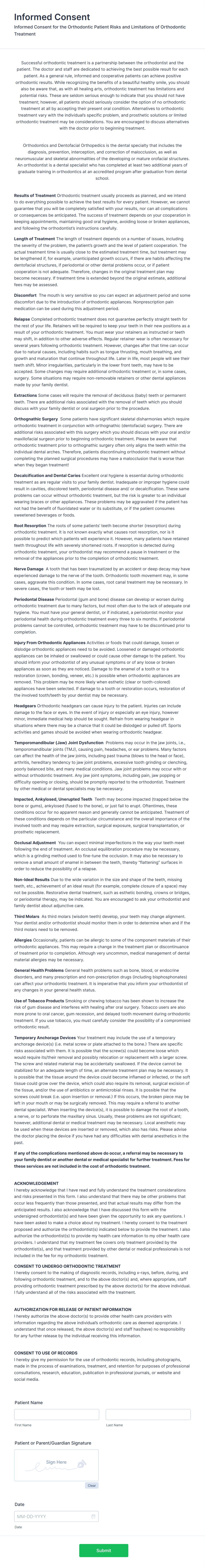 Orthodontic Informed Consent Form Template | Jotform