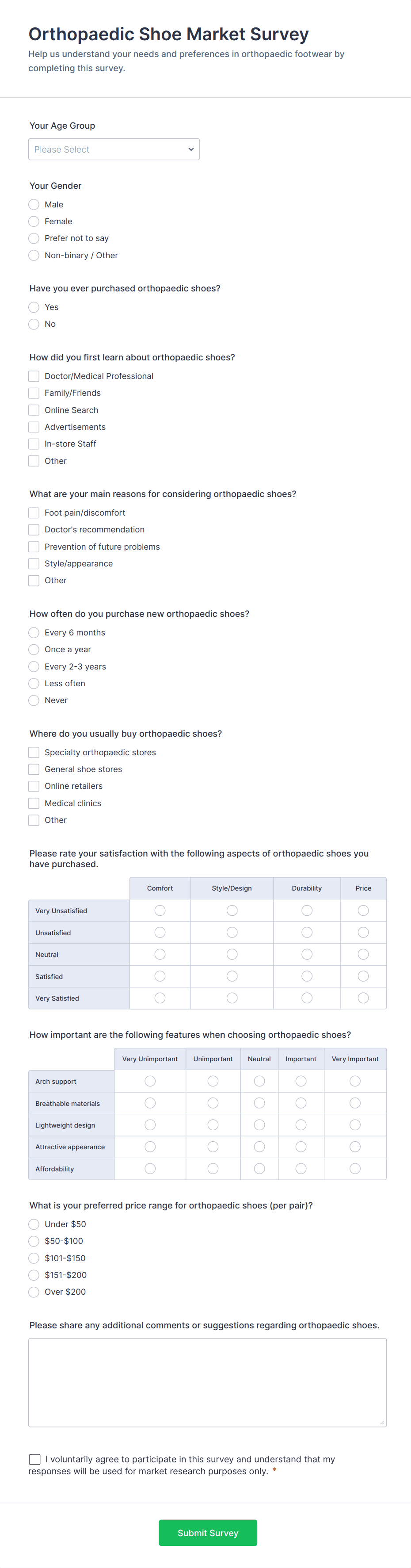 Orthopaedic Shoe Market Survey Form Template | Jotform