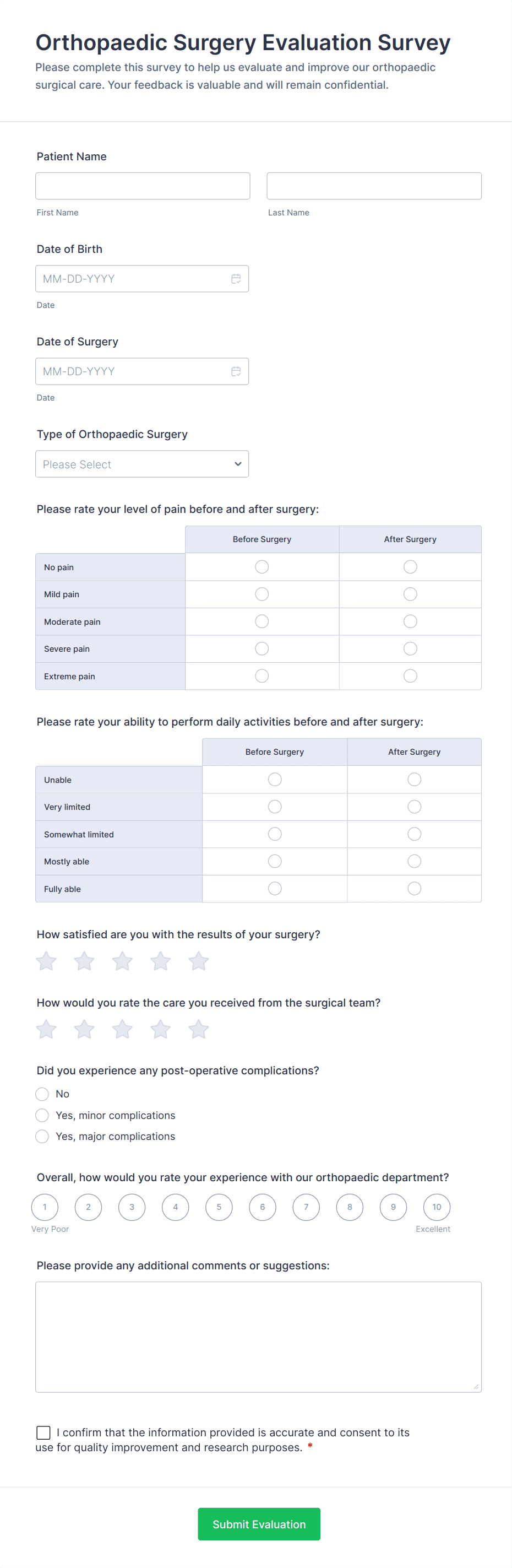 Orthopaedic Surgery Evaluation Survey Form Template | Jotform
