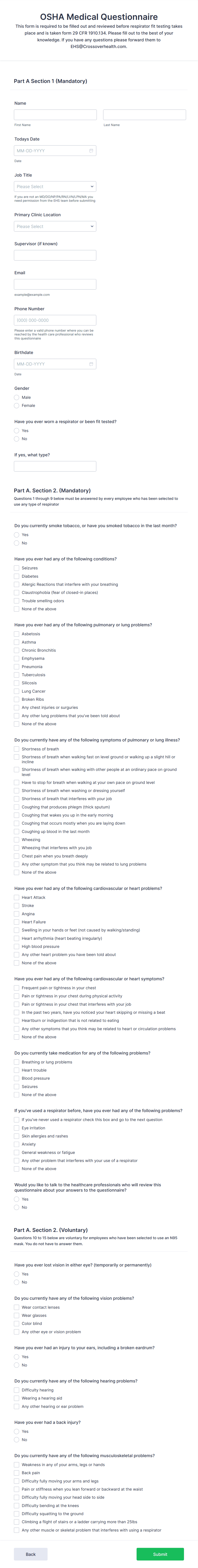 OSHA Respirator Medical Evaluation Questionnaire Form Template | Jotform