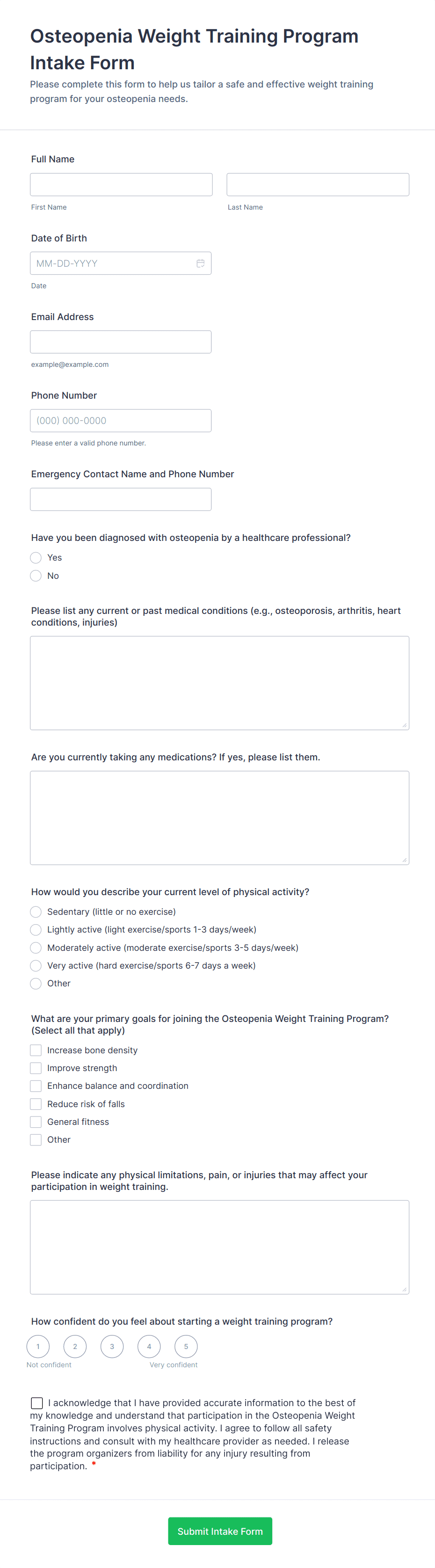 Osteopenia Weight Training Program Intake Form Template | Jotform