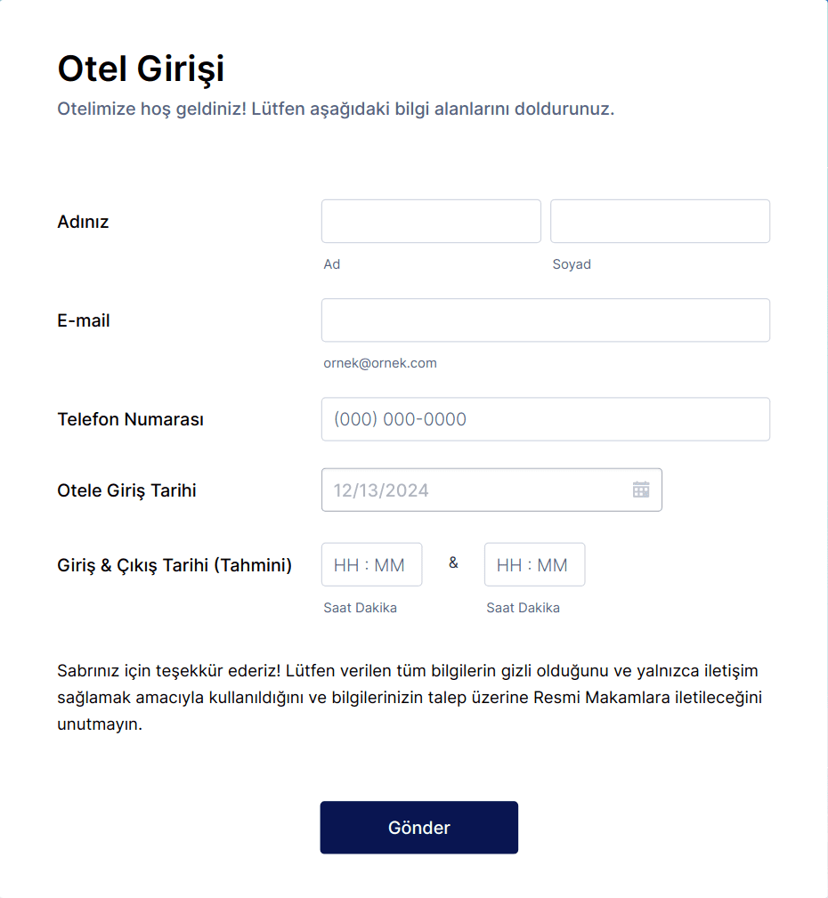Otel Giriş Form Şablonu | Jotform
